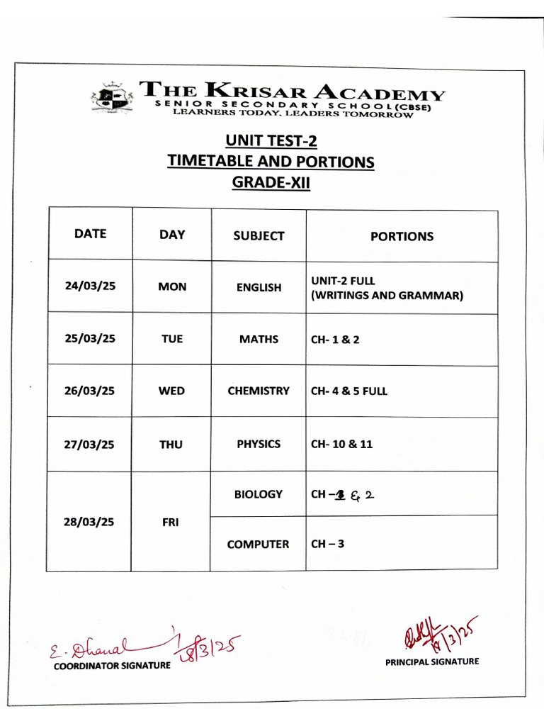G11 Unit Test-2 Timetable and Portions | PDF