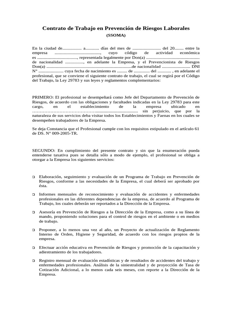 Formato Contrato de Trabajo Prevencionista de Riesgos | PDF
