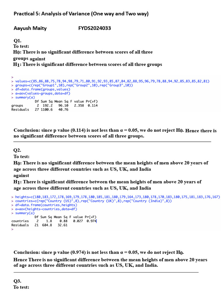 Practical 5- Analysis of Variance (One way and Two way) (1) | PDF | Scientific Method ...