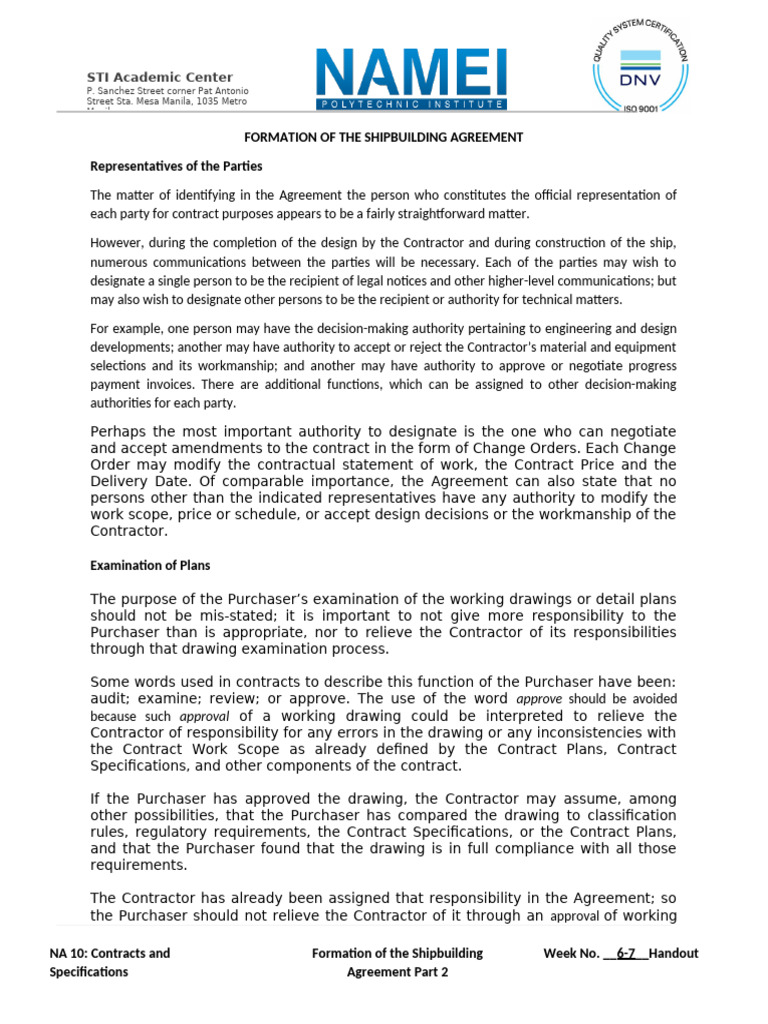 Week 6&7 - Formation of The Ship Building Agreement Part 2 | PDF ...