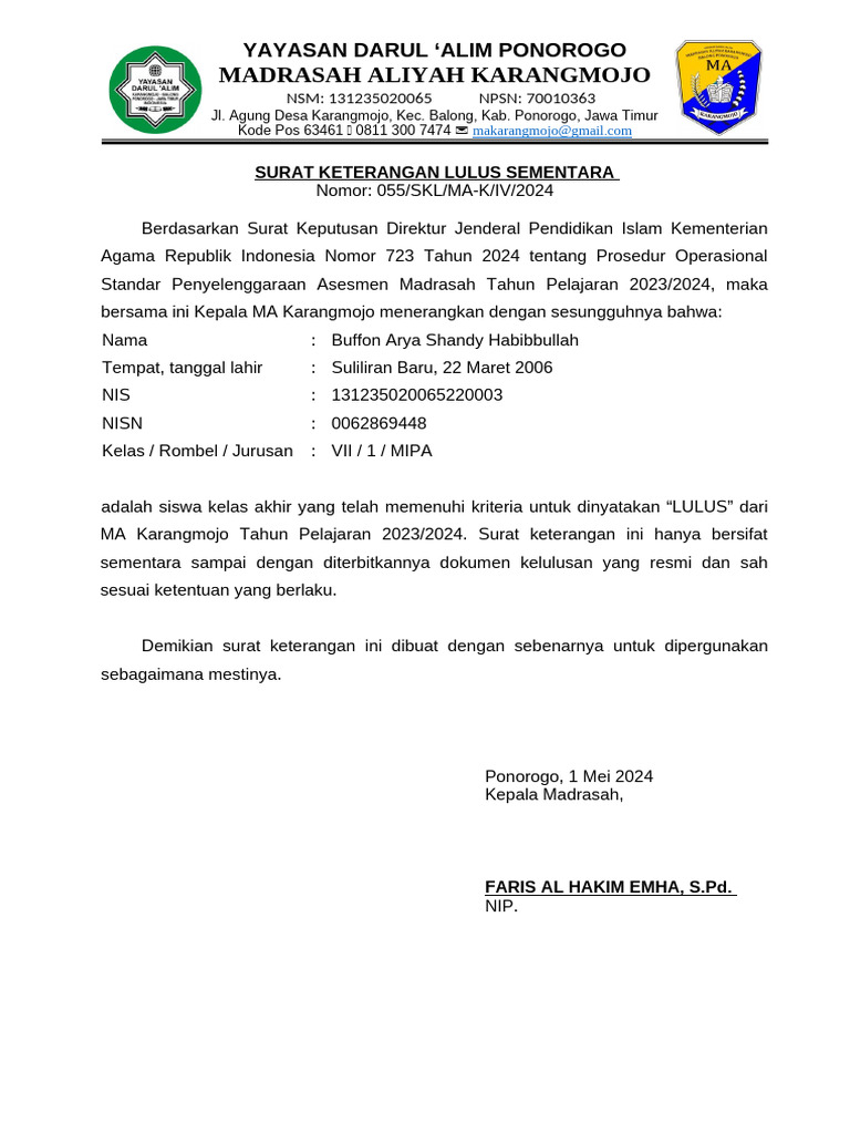 Contoh SKL Sementara Tahun 2024-Habib | PDF