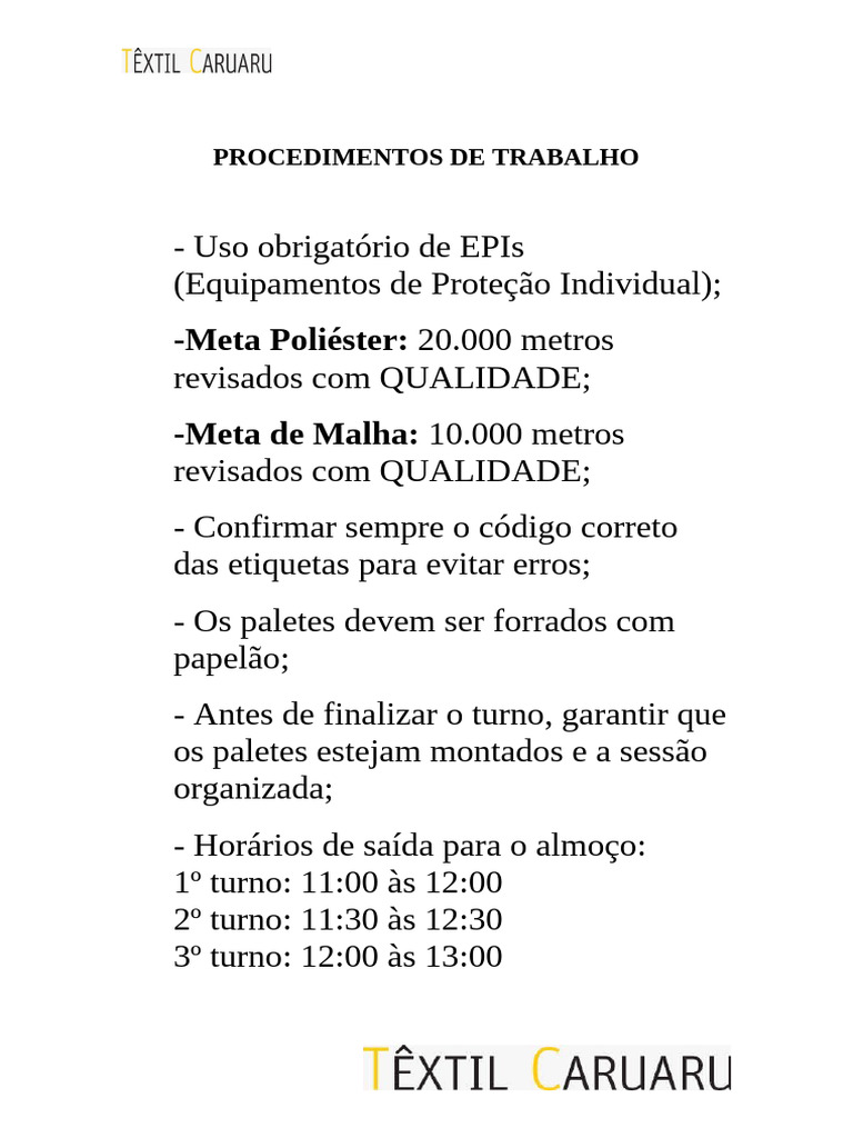 Procedimentos de Trabalho | PDF