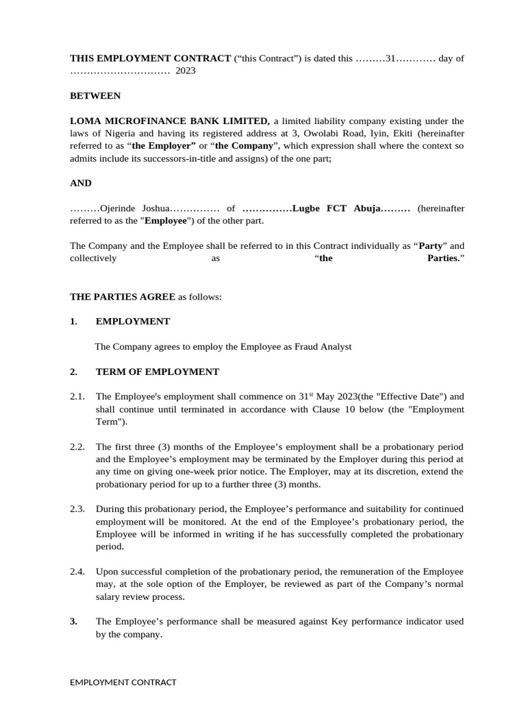 Employment Contract for Fraud Analyst | PDF | Employment | Indemnity
