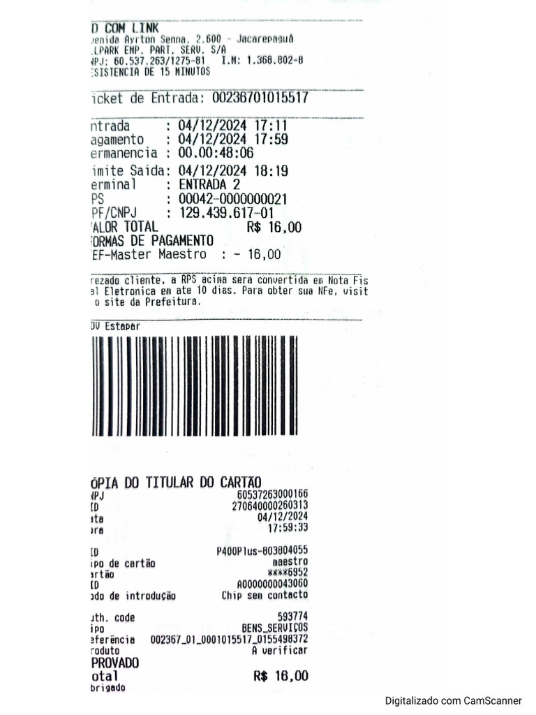 Recibo Estacionamentos Barra | PDF