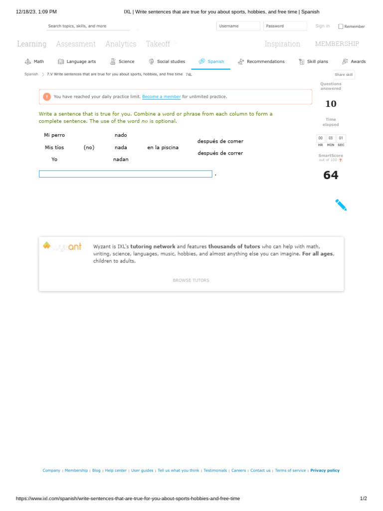 IXL - Write Sentences That Are True For You About Sports, Hobbies, and ...