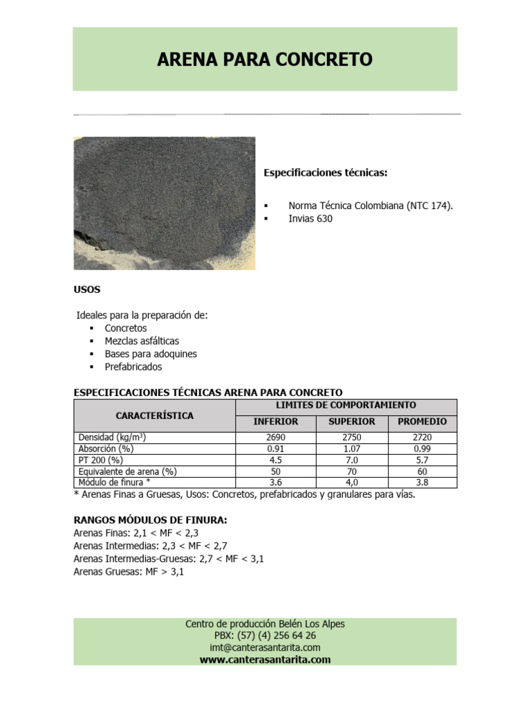 Ficha Técnica Arena para Concreto | PDF