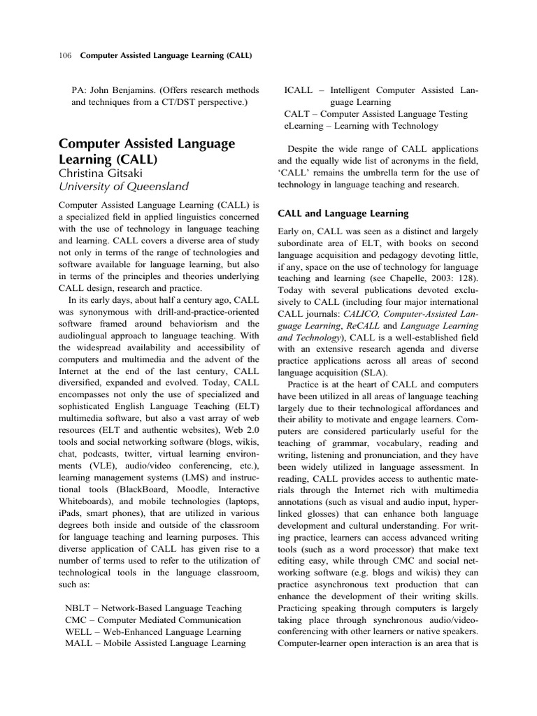 CALL - The Roudlege Enciclopedia of SLA - 106-109 | PDF | Second ...