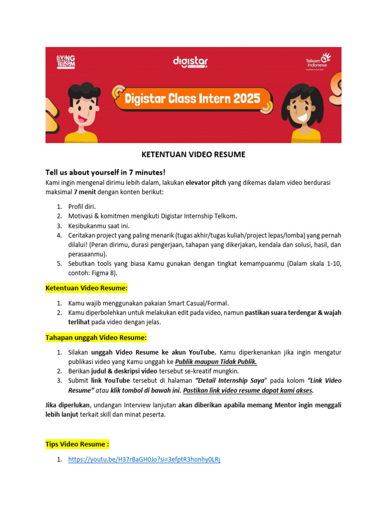 Ketentuan Video Resume Digistar Class Intern Program | PDF