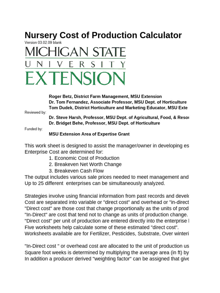 Nursery Production Cost Calculator | PDF | Value (Economics) | Cost