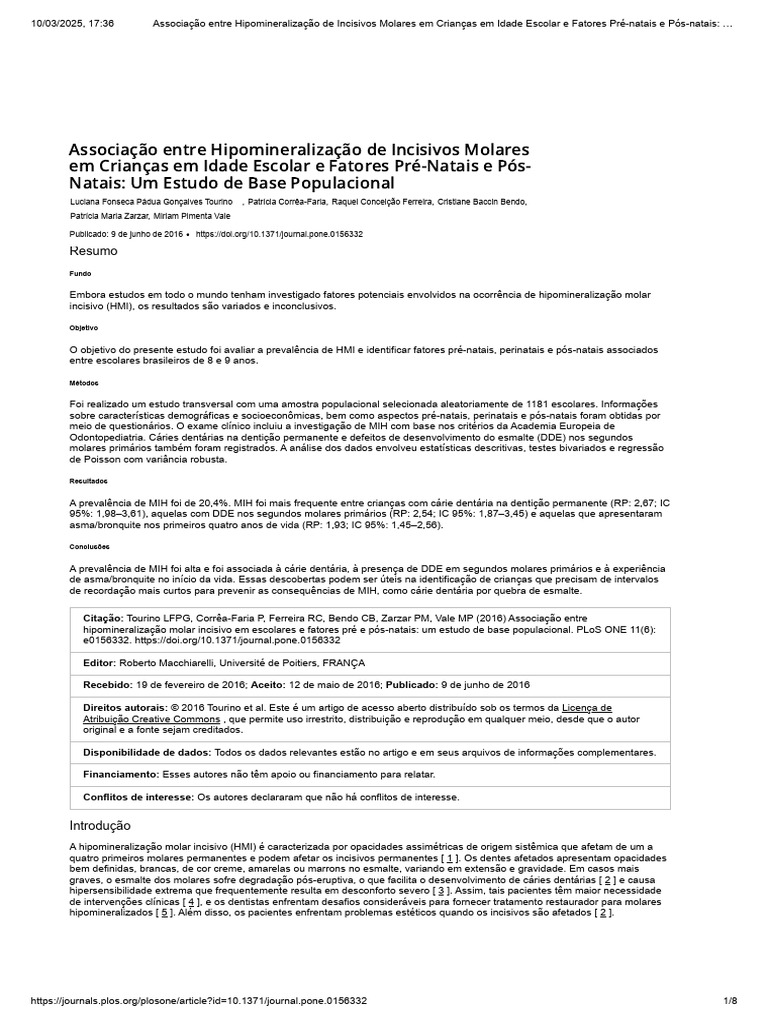 Associação Entre Hipomineralização de Incisivos Molares em Crianças em ...