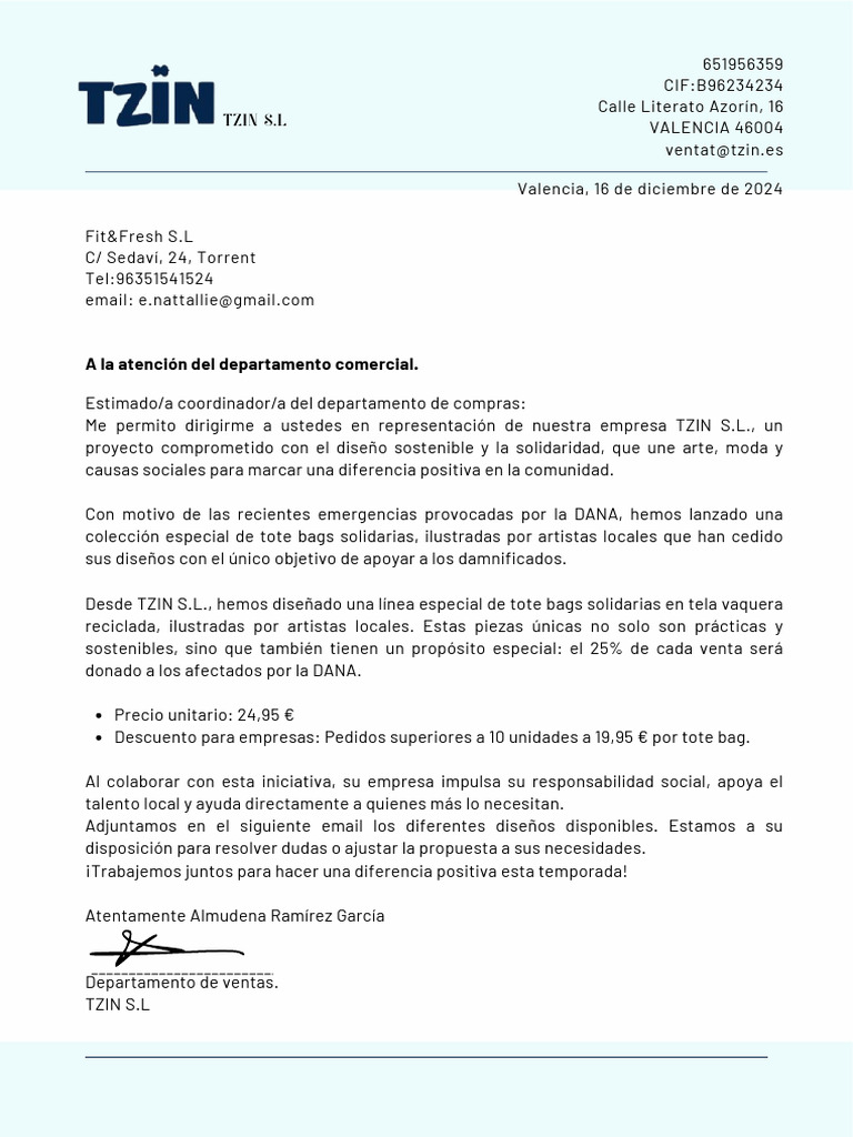 Carta de Oferta Comercial. Destinatario Fit&Fresh | PDF