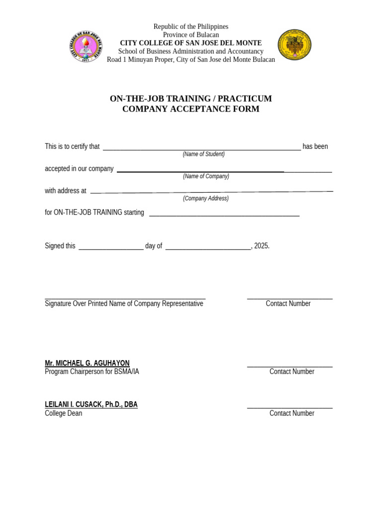 OJT Company Acceptance Form Template | PDF