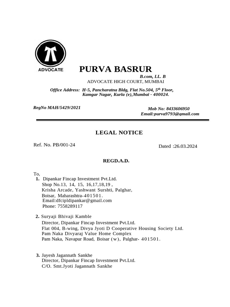 Legal Notice - Dipankar Fincap | PDF | Cheque | Payments