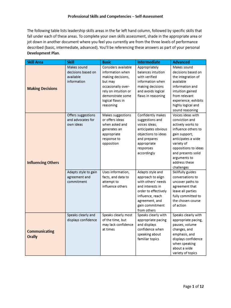 Professional Skills & Competencies - Self Assessment | PDF | Analysis ...