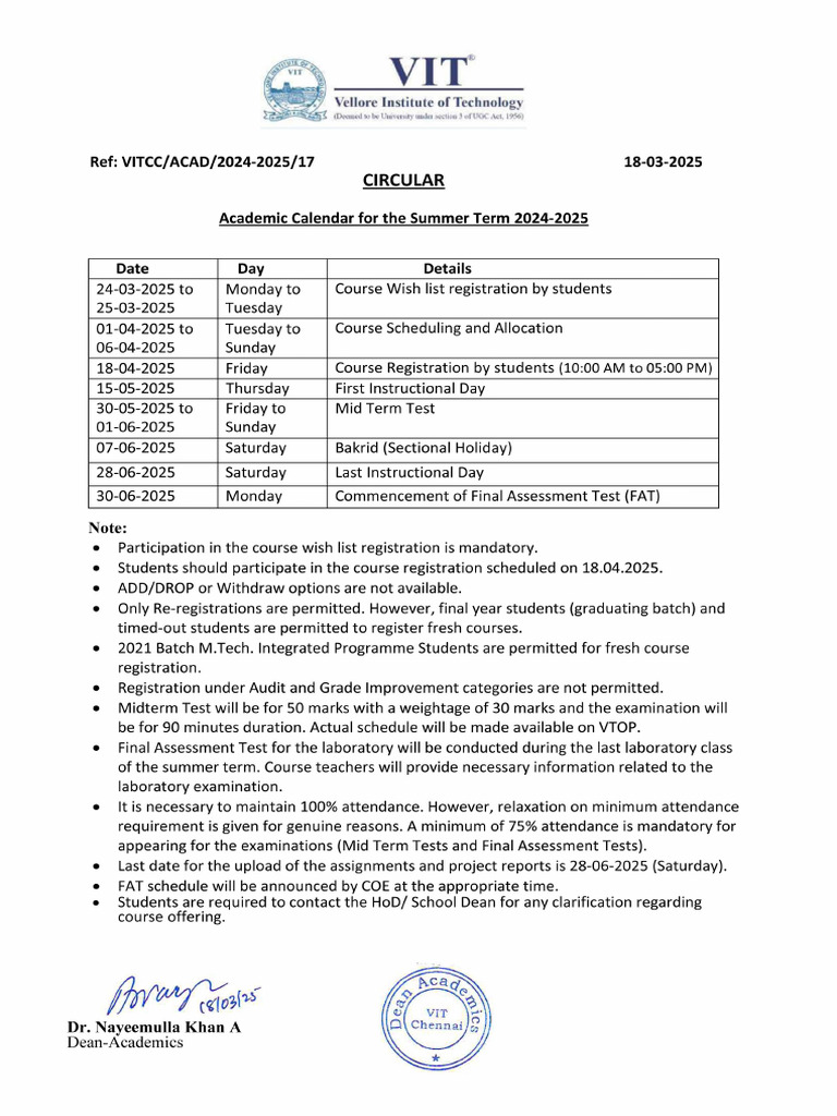 Summer Semester 2024-2025 - Academic Calendar | PDF