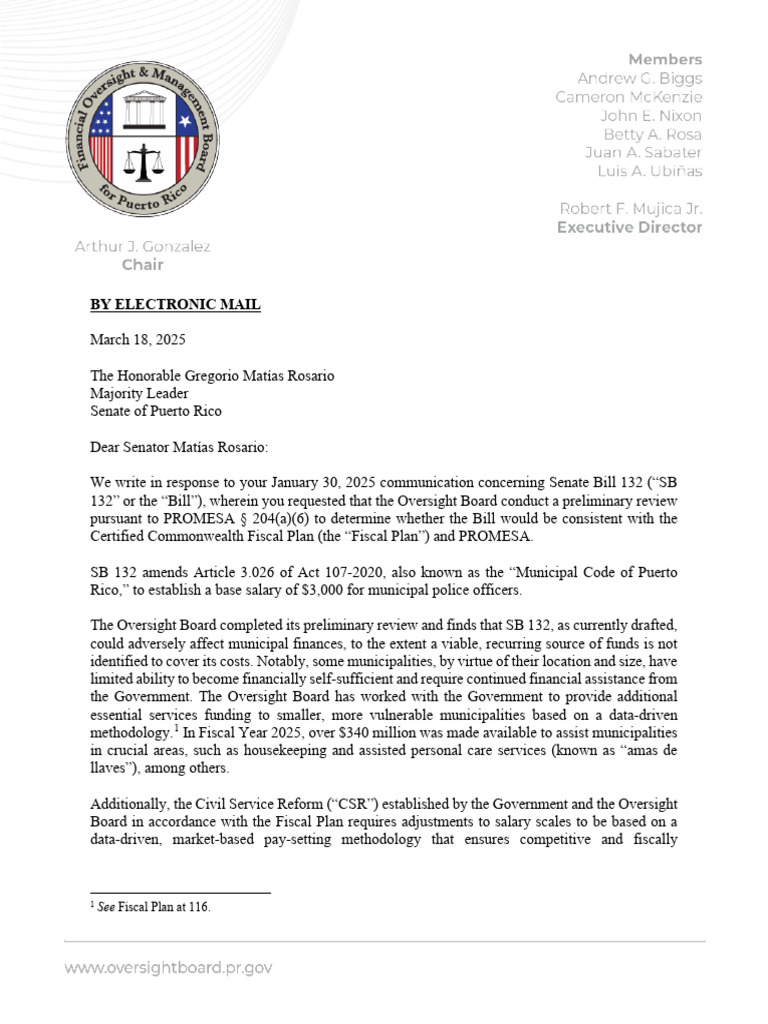 FOMB - Letter - Senate of Puerto Rico - SB 132 - March 18, 2025 | PDF | Government | The United ...