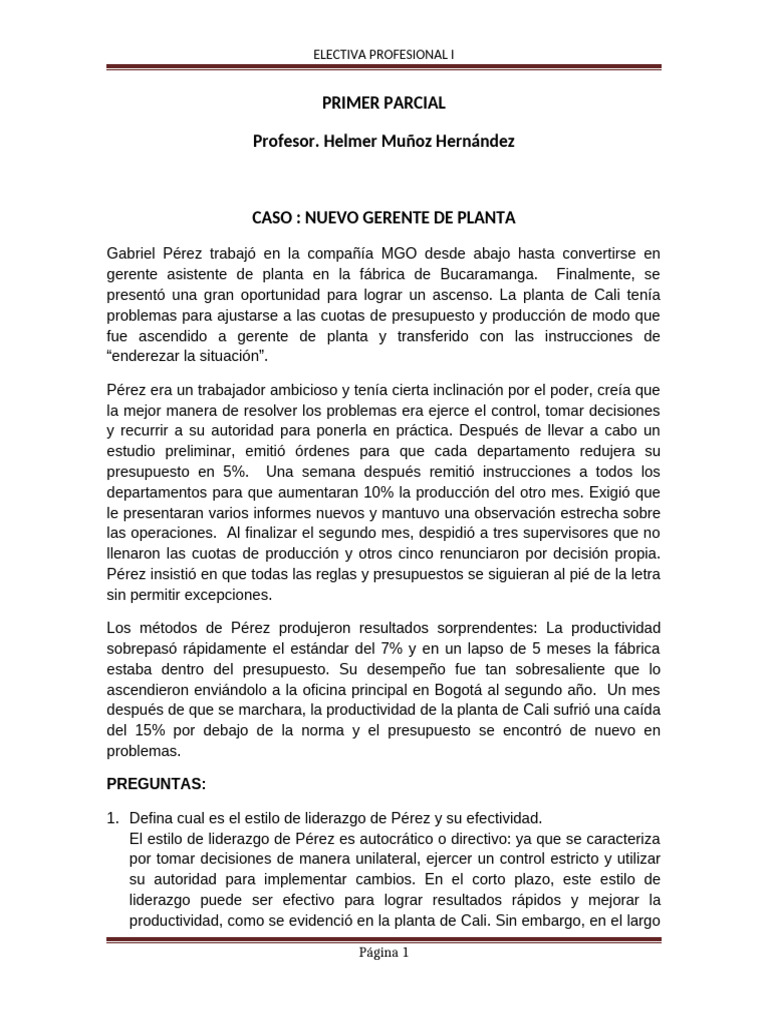 Primer Parcial Electiva Profesional I | PDF | Liderazgo | Presupuesto