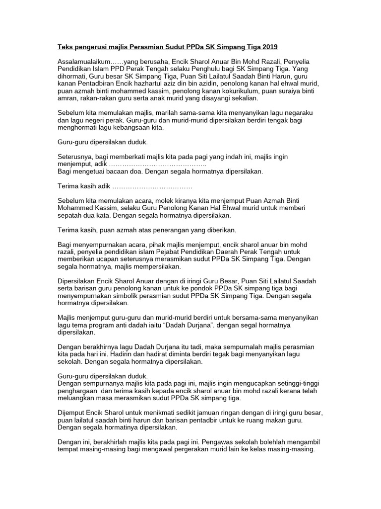 contoh Teks pengerusi majlis Perasmian Sudut PPDa | PDF