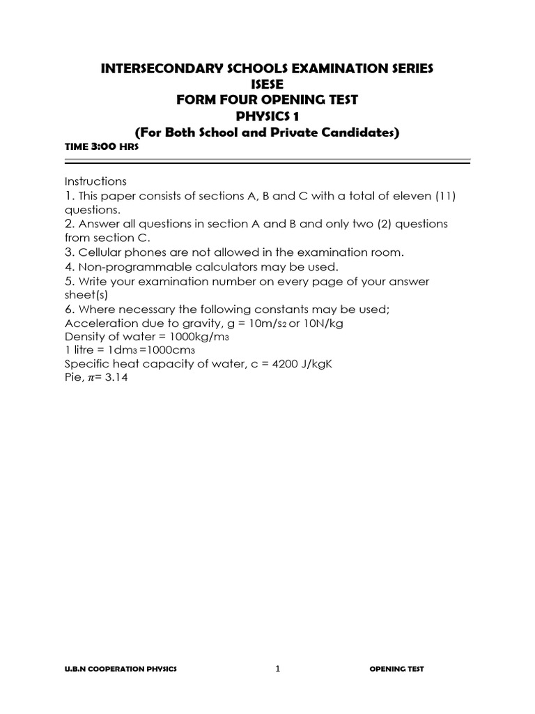 f4 Physics Opening Test Jan 2025 | PDF | Temperature | Water