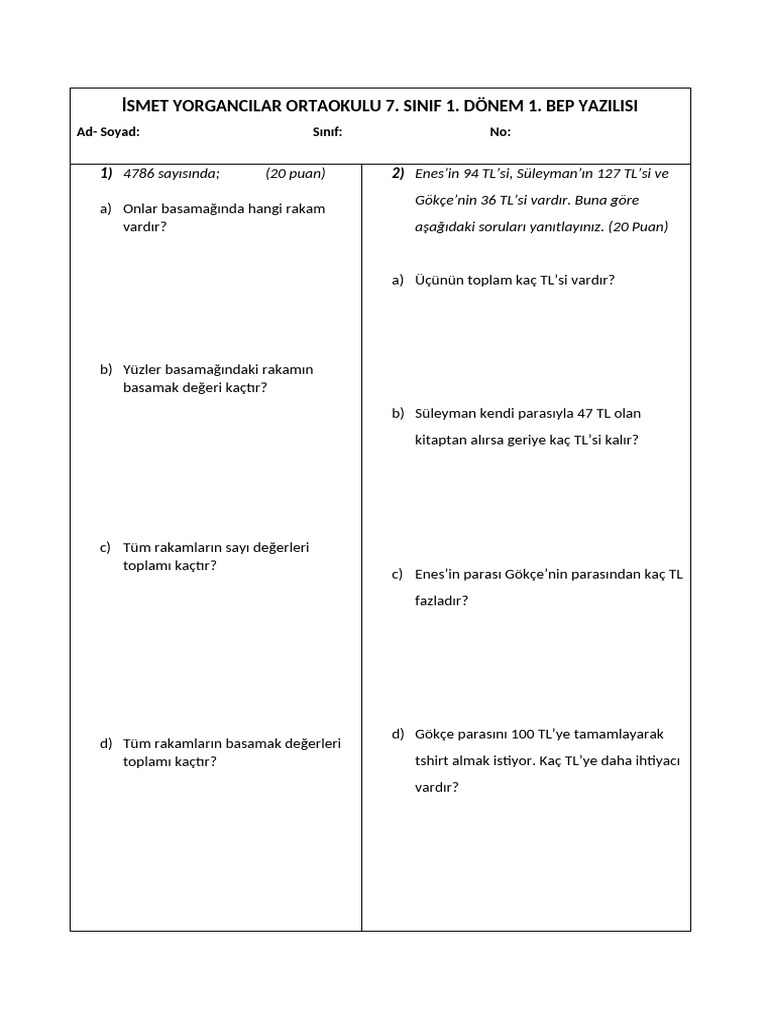 Sınıf 1-1 Bep | PDF