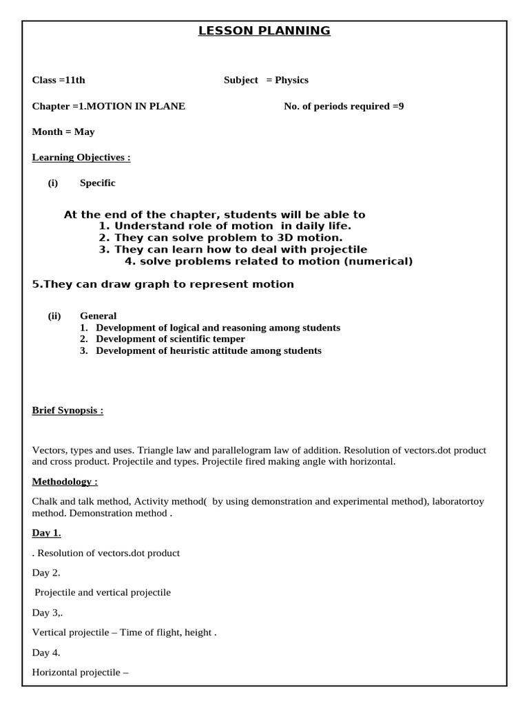 11th Grade Physics: Motion in Plane Lesson Plan | PDF