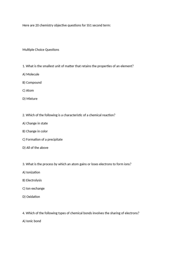 SS1 Chemistry MCQs for Second Term | PDF | Chemical Compounds ...