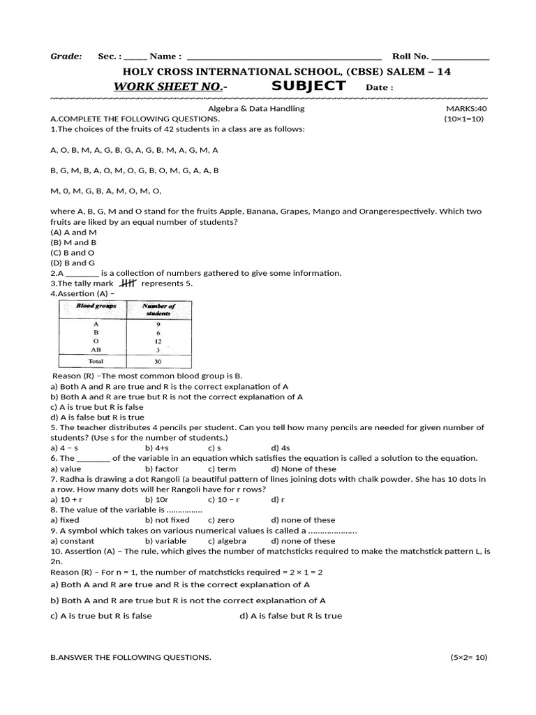 Algebra and Data Handling Worksheet | PDF | Equations | Mathematics
