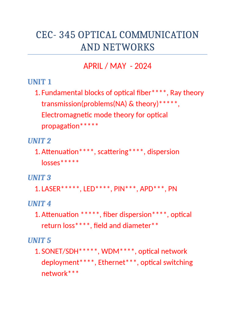 CEC 345 Optical Communication and Networks | PDF