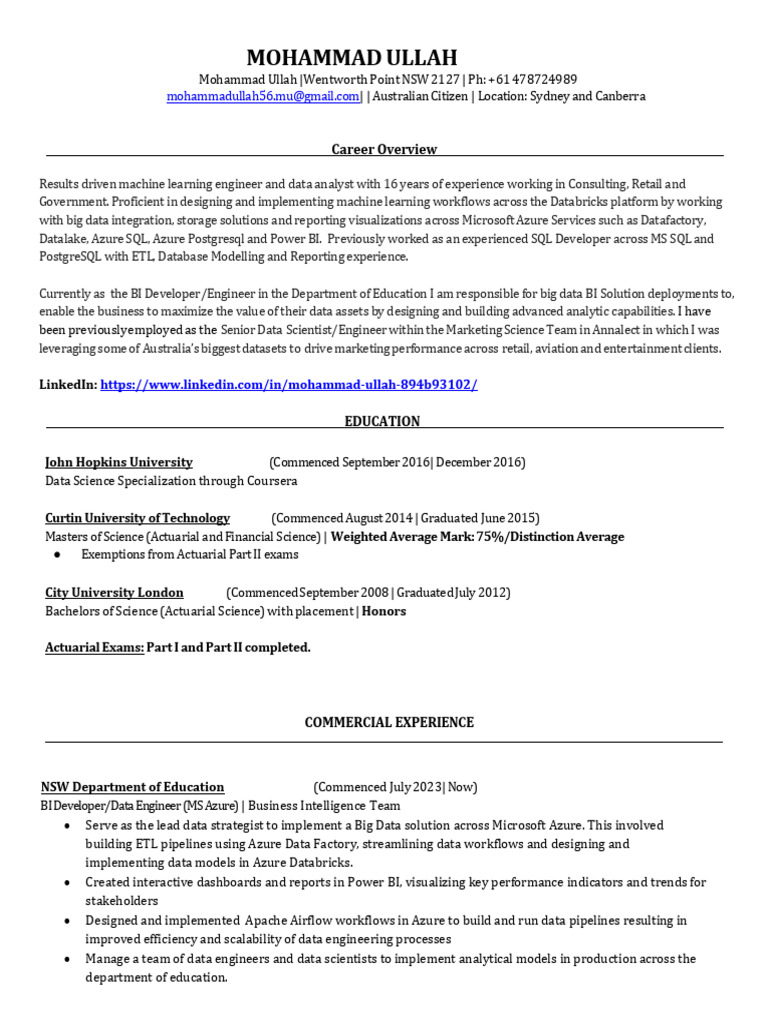 Mohammed Ullah - Data Engineer | PDF | Microsoft Azure | Microsoft Sql ...