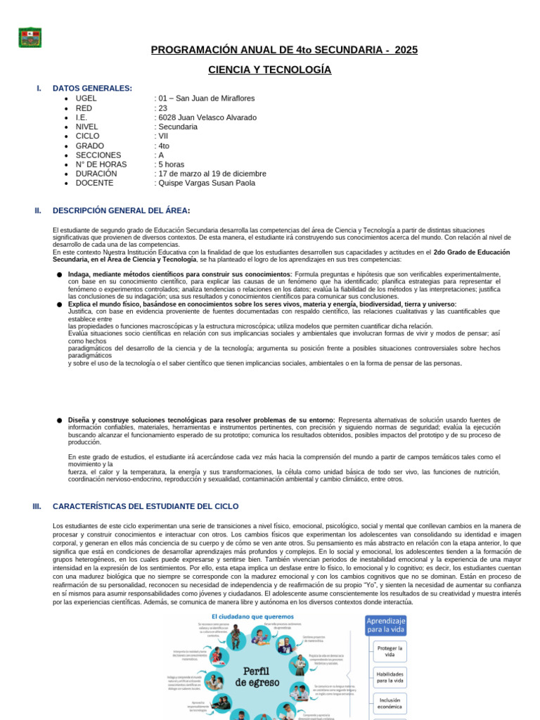 Programación Anual 4to Secundaria | PDF | Evaluación | Pensamiento
