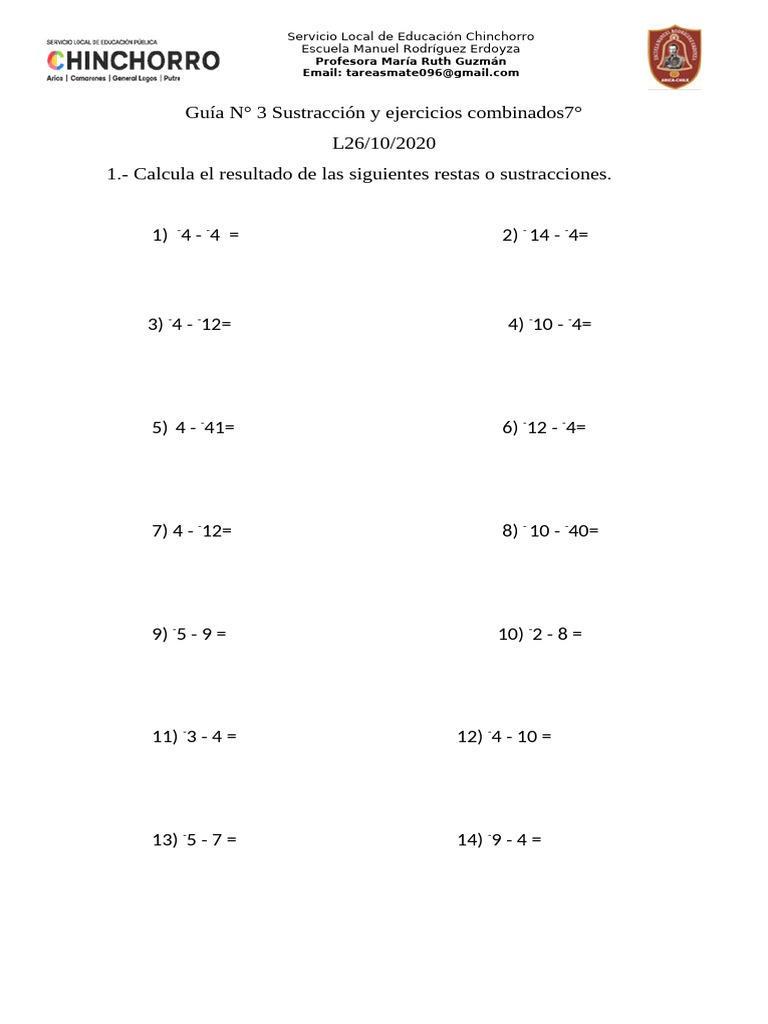 Guía N°3 de Restas de Enteros y Ejercicios Combinados26102020 | PDF