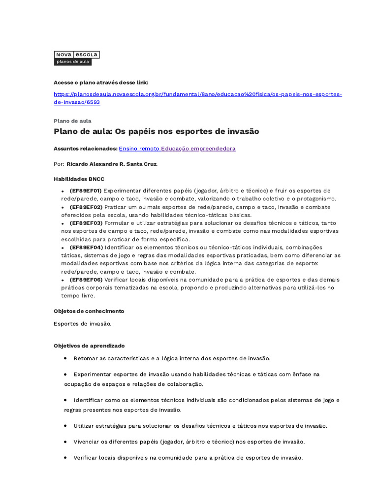 EDF8 03ESP01 Os Papeis Nos Esportes de Invasao 1ceihiuvjlf | PDF ...