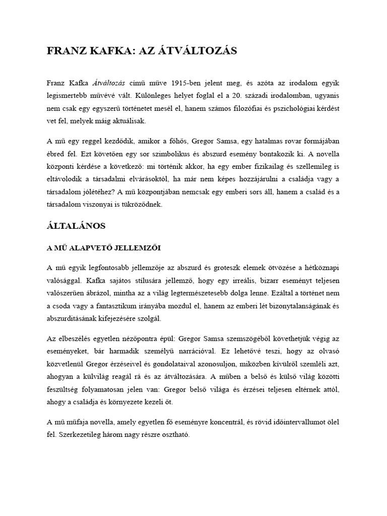 FRANZ KAFKA_ AZ ÁTVÁLTOZÁS (1) | PDF