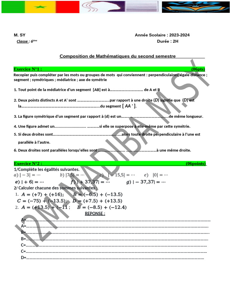 Composition Maths 6ème Semestre 2 | PDF | Angle | Géométrie euclidienne