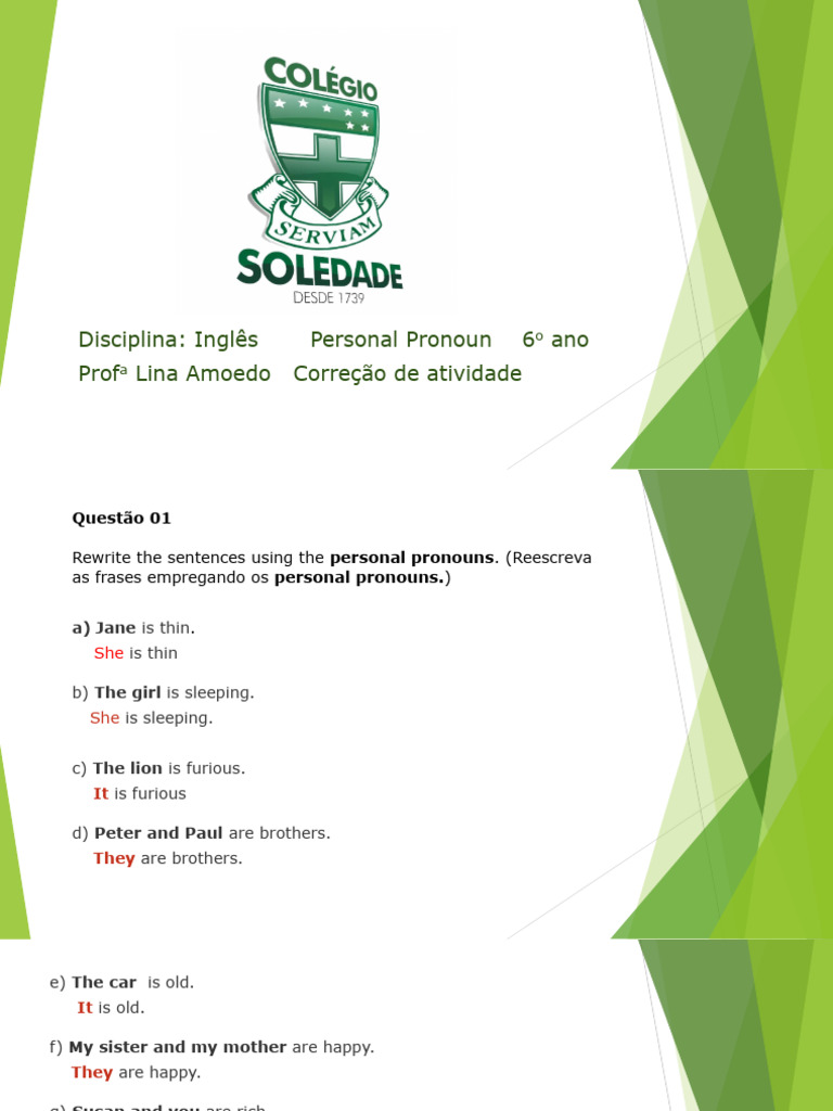 11-Aula 1 - Personal Pronoun - Correcao Da Atividade - 6 Ano | PDF