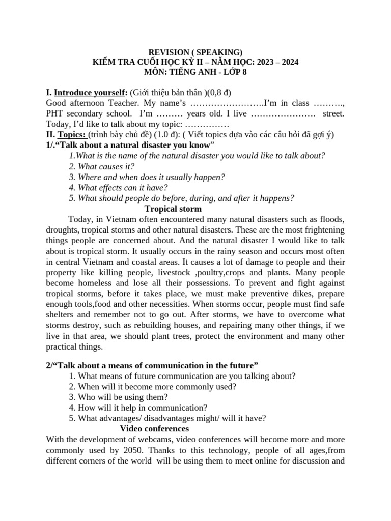 SPEAKING TA 8 - CHK 2 (23-24) HS | PDF | Videotelephony | Laptop