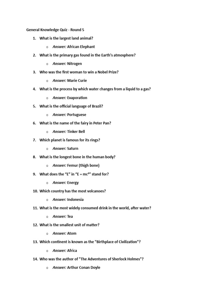 Year 6 General Knowledge Quiz Round 5 | PDF