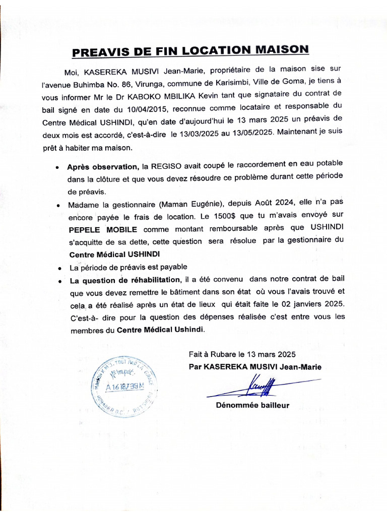 Préavis de Fin Location de La Maison | PDF