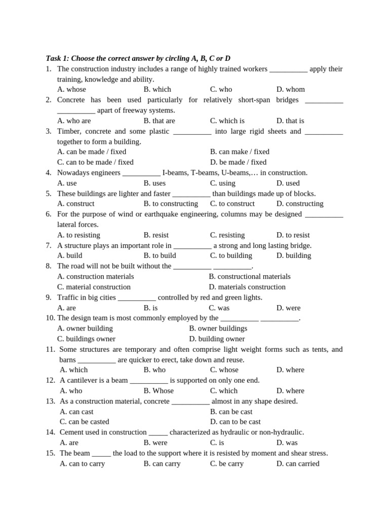 Construction Industry Grammar Quiz | PDF | Concrete | Precast Concrete