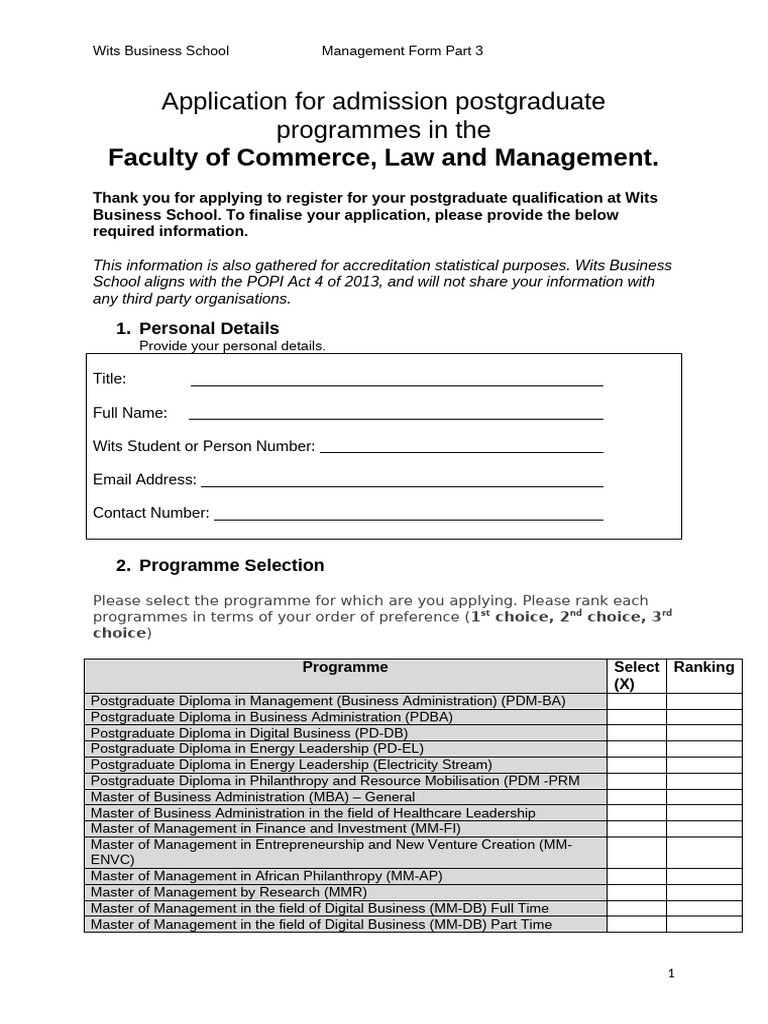 Wits Postgraduate Application Form | PDF | Master Of Business ...