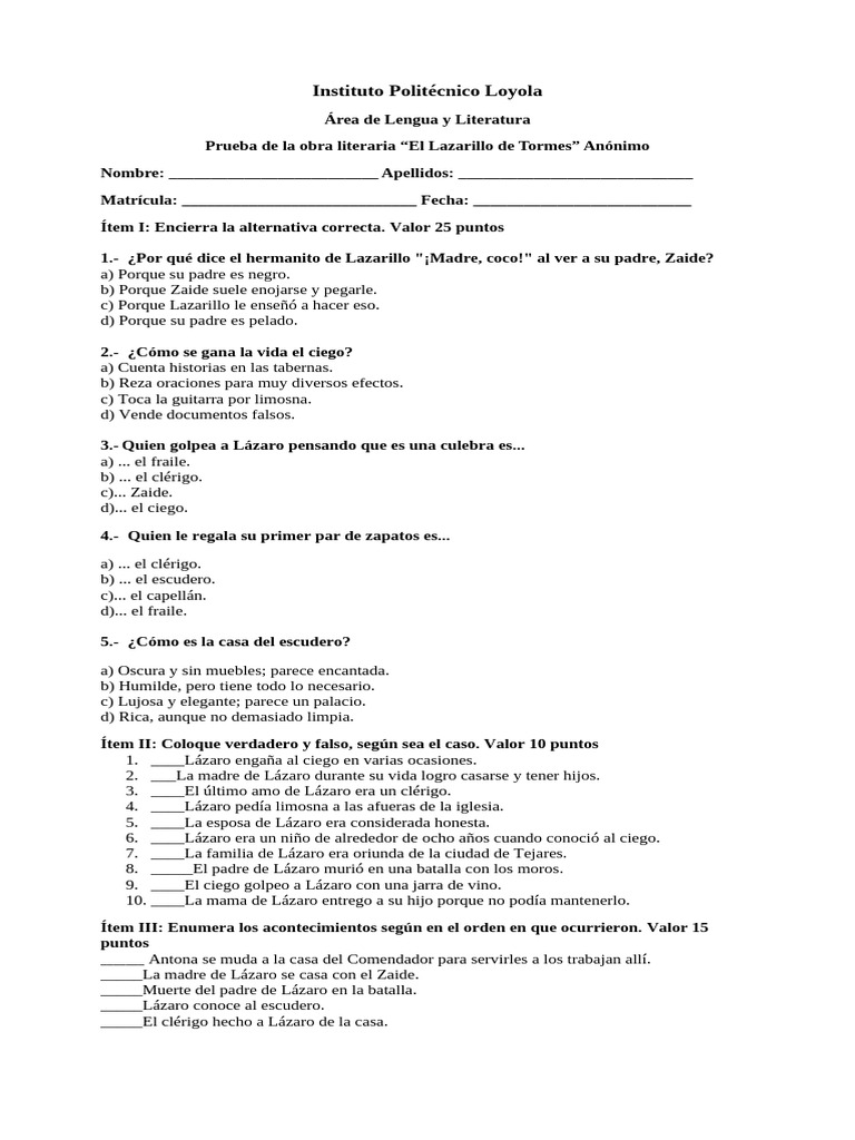 Prueba sobre "El Lazarillo de Tormes" | PDF