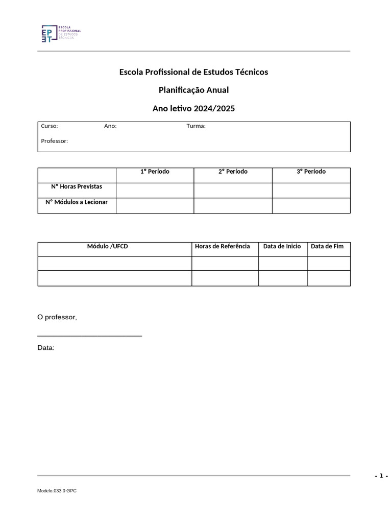 Modelo.033.1.GPC Grelha Planificação ANUAL | PDF