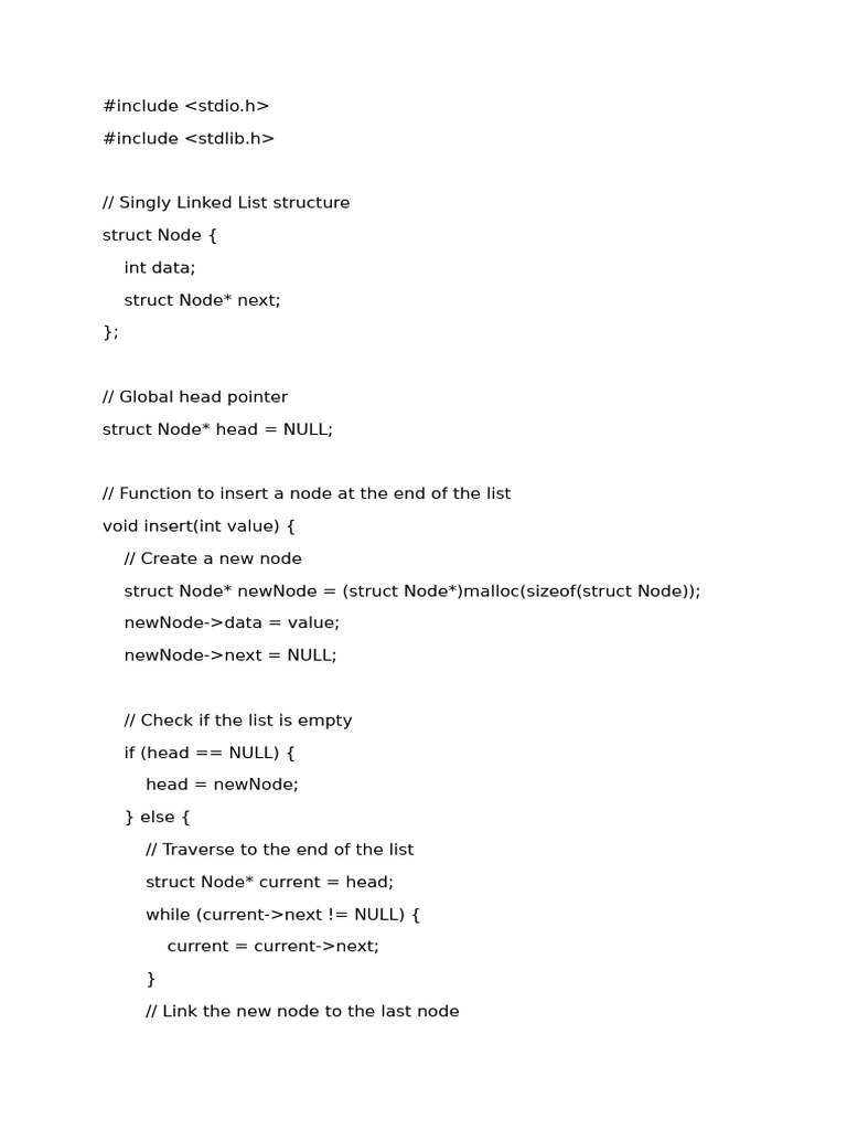 C Code for Singly Linked List Operations | PDF