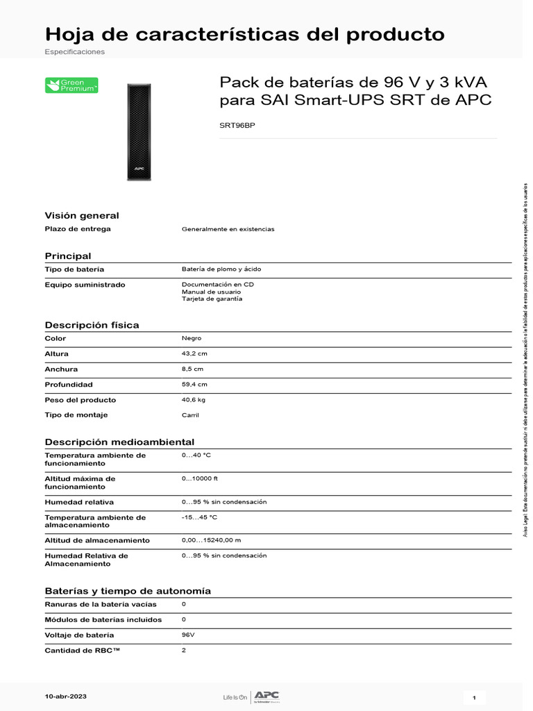 Pack de Baterías para Smart-UPS - SRT96BP | PDF | Materiales
