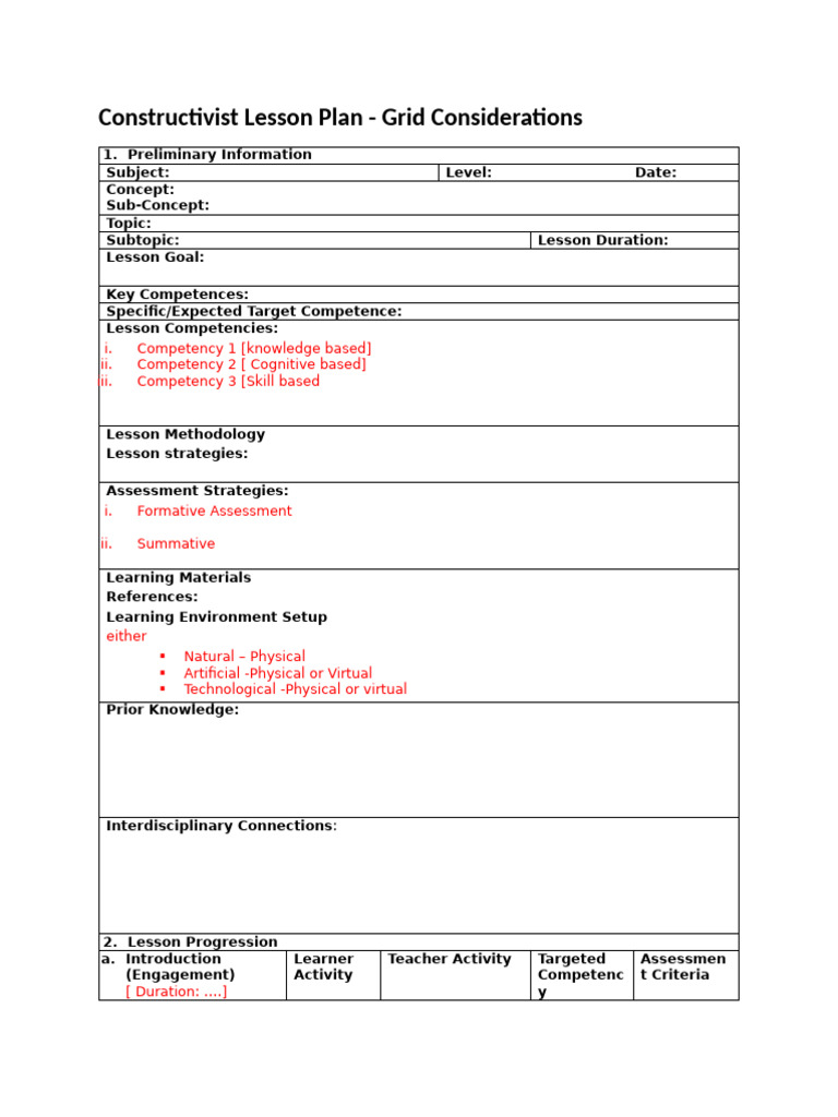 Constructivist Lesson Plan Grid Consideratio | PDF