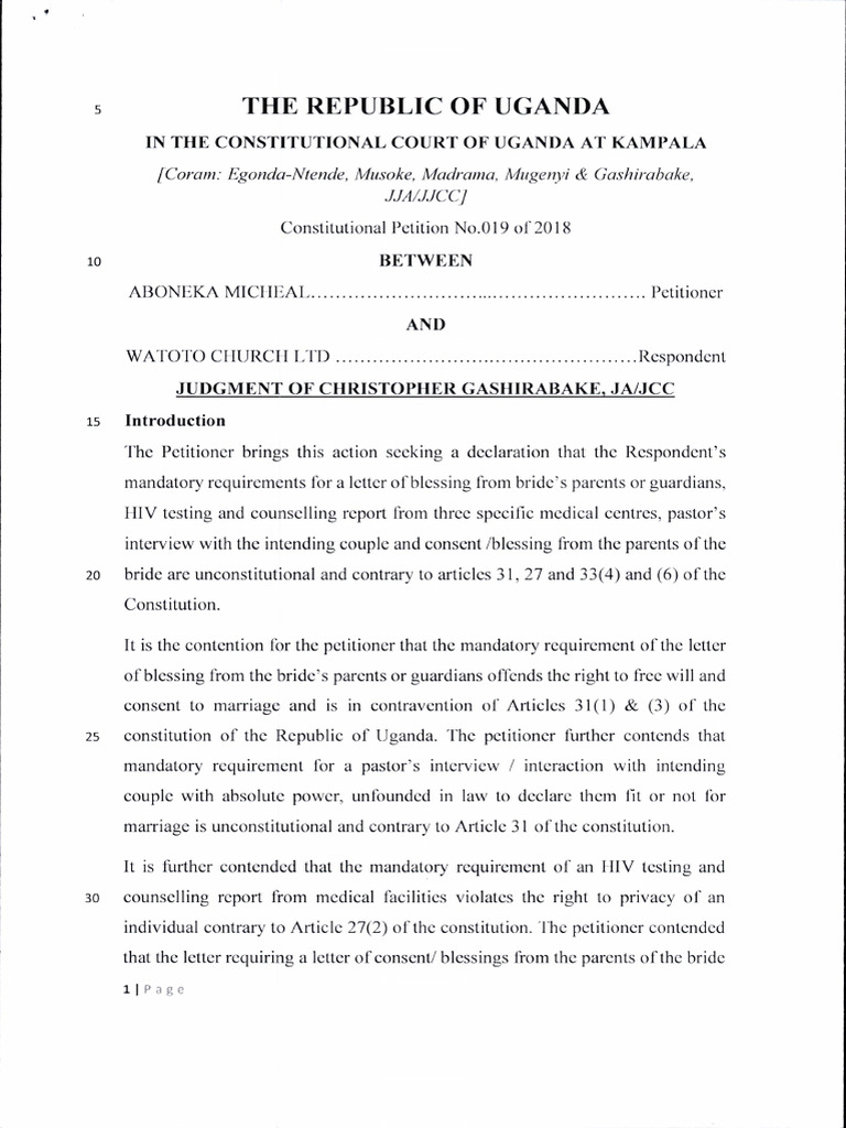 Uganda Constitutional Court Marriage Petition | PDF | Separation Of Powers | Social Policy