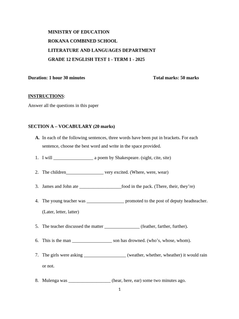 Grade 12 Term 1 Test 1 English-2 | PDF
