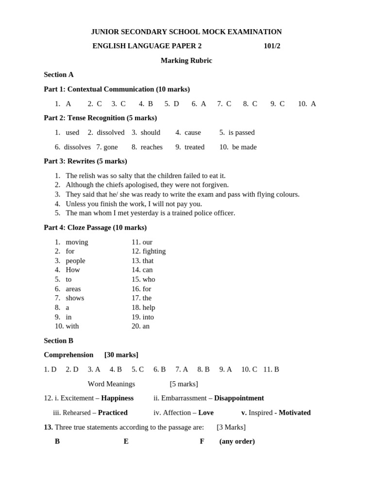 G9 English P2 Marking Key | PDF