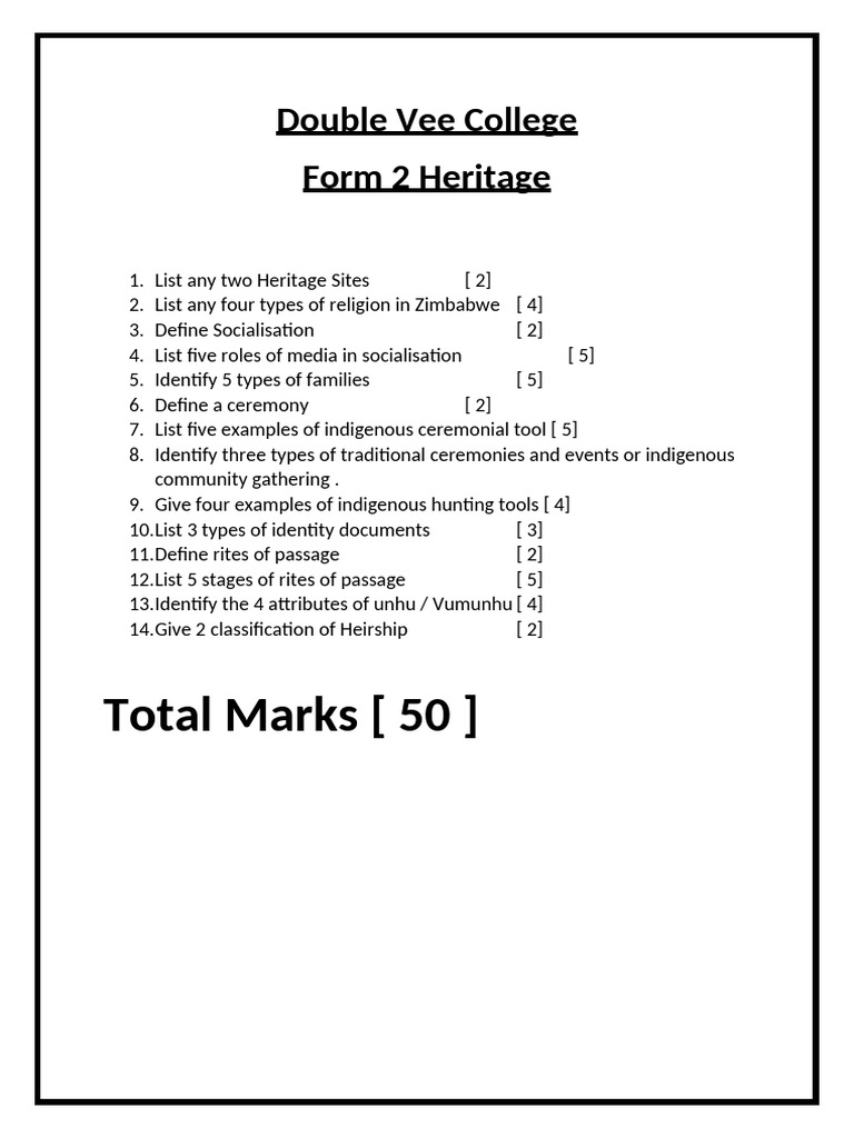 Form 2 Heritage Studies Guide | PDF