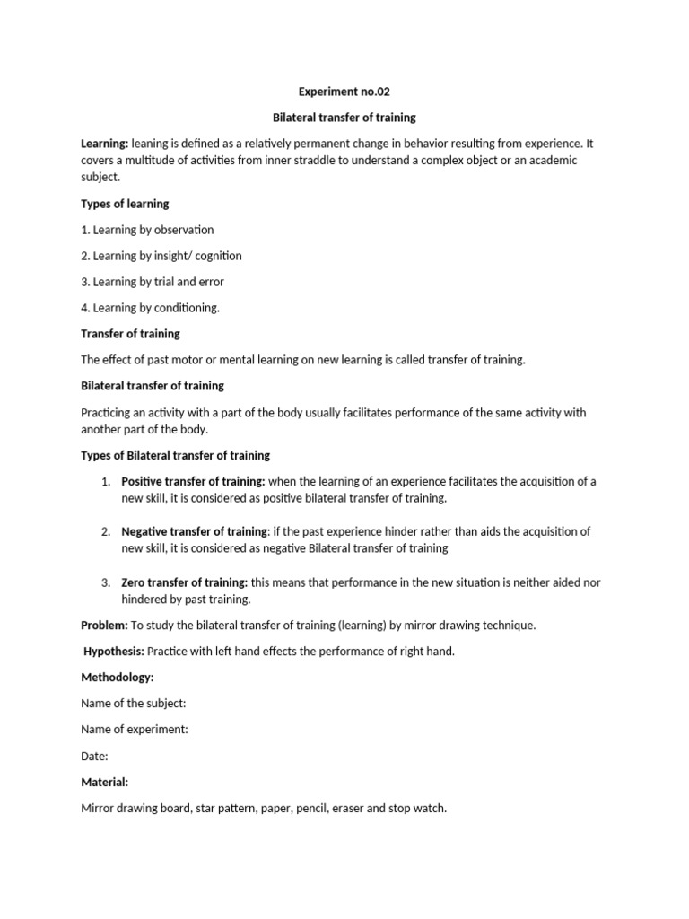 Bilateral Transfer in Mirror Drawing Experiment | PDF | Learning ...